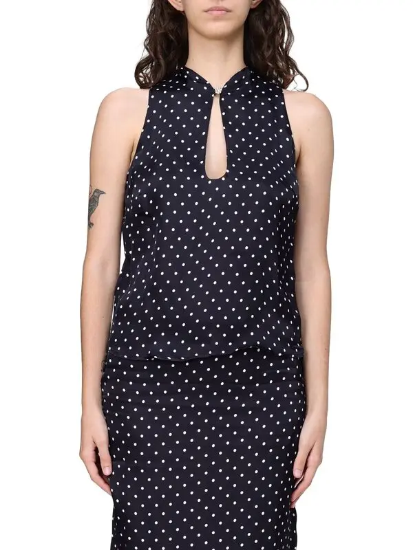 MAR DE MARGARITAS Polka Dot Satin High Neck Keyhole Top - Blue