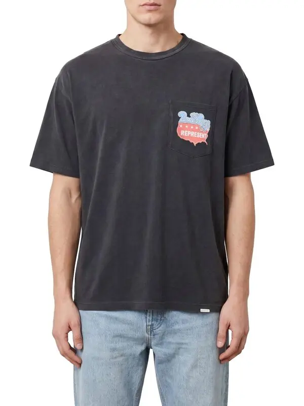 REPRESENT Crewneck Cotton-hemp T-shirt With Graphic Print And Patch Pocket - Black