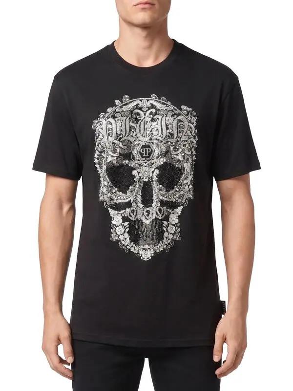 Philipp Plein Cotton T-shirt With Skull Print And Applied Crystals - Black