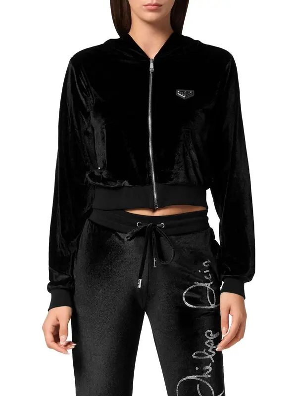 Philipp Plein Velvet Zip-up Hooded Jacket - Black