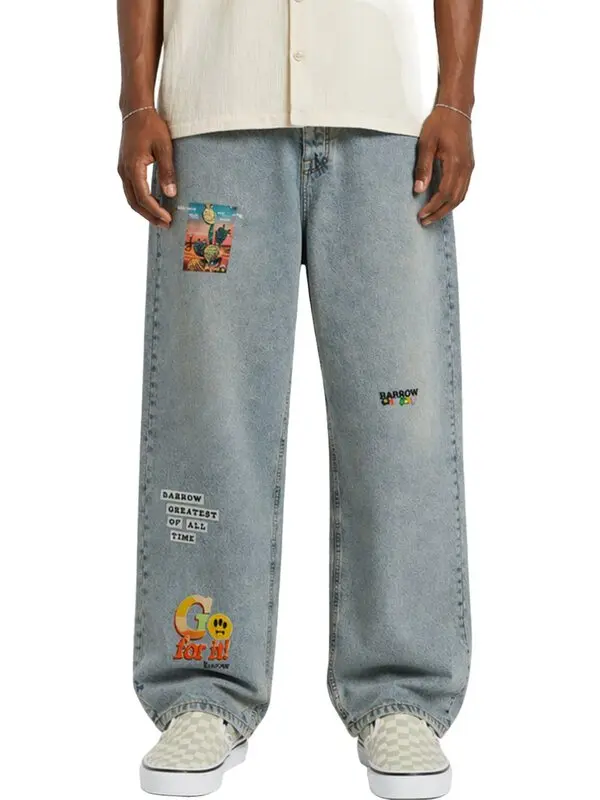BARROW Wide-leg Printed Cotton Denim Jeans - Sky Blue