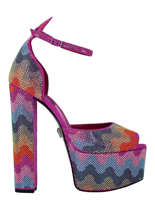 Philipp Plein Suede Platform Sandals With Abstract Print And Rhinestones - Multicolor