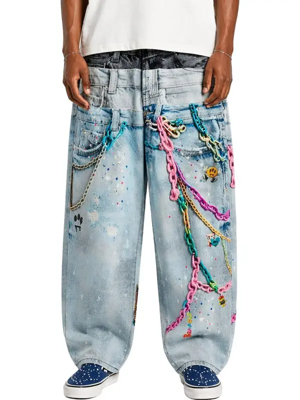 BARROW Baggy Jeans With Graphic Print And Chain Embellishments - Denim