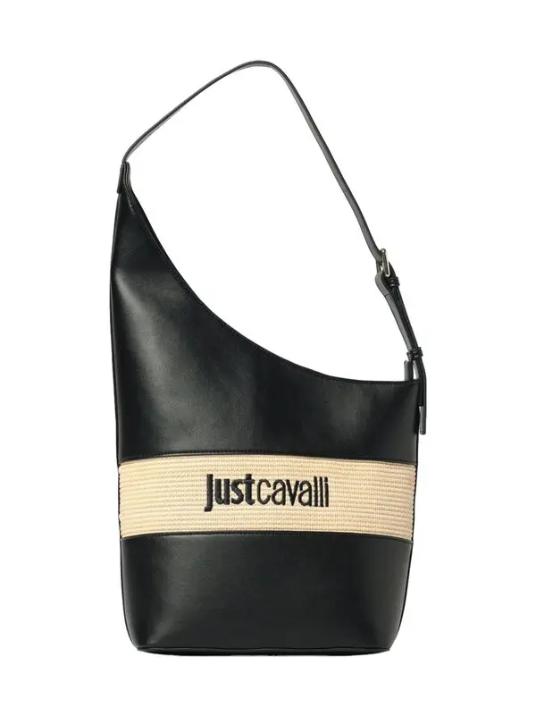 Just Cavalli Embroidered Logo Faux Leather And Raffia Bag - Black