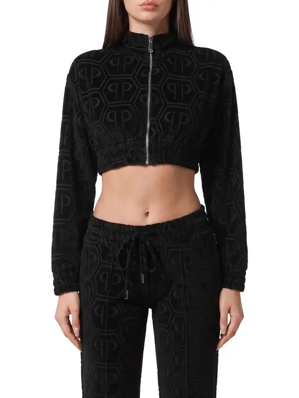 Philipp Plein Cotton Blend Cropped Sweatshirt With Monogram Pattern - Black