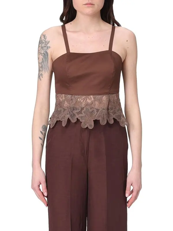 HANITA Cropped Top With Macramé Inserts - Ebony
