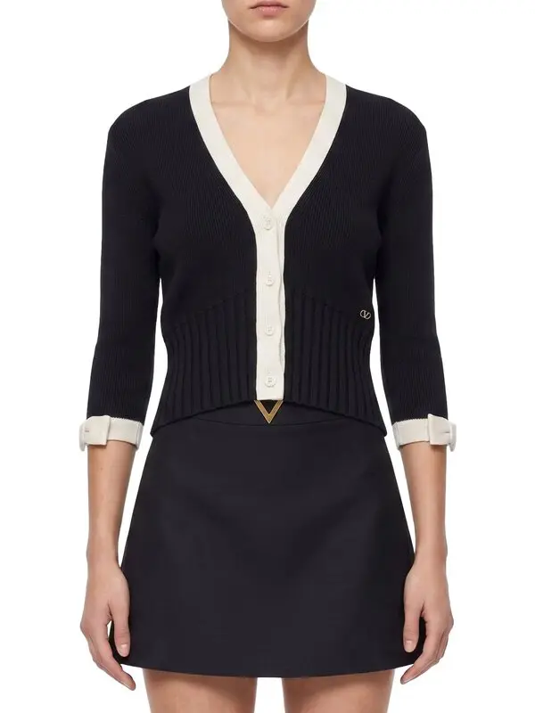Valentino Garavani Slim Fit Cotton Cardigan With V-neck And Contrast Trim - Black