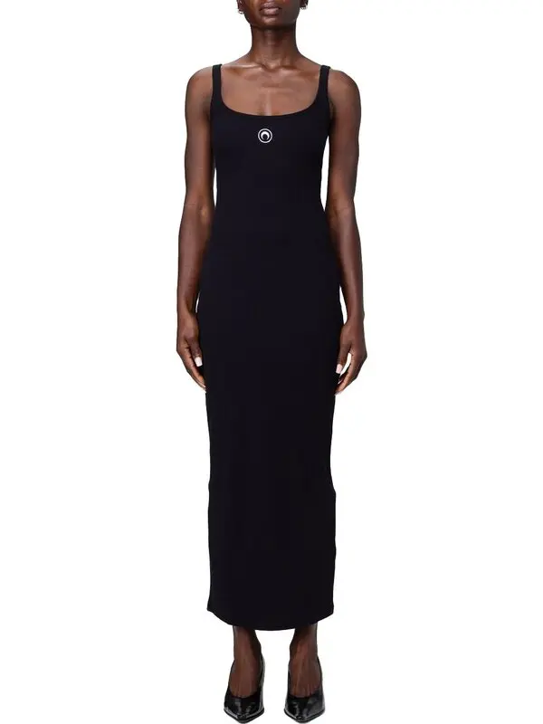 MARINE SERRE Cotton Midi Dress With Logo Detail - Black