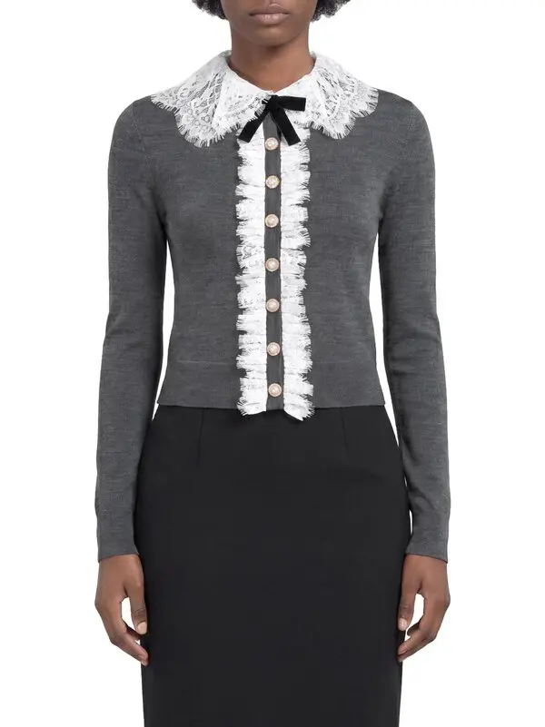 SELF-PORTRAIT Slim Fit Wool Cardigan With Lace Collar - Grey