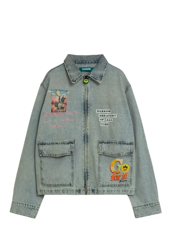 BARROW Light Blue Cotton Denim Graphic Print Zip-up Jacket - Sky Blue
