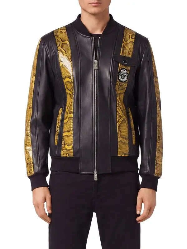 BILLIONAIRE Leather And Snakeskin Bomber Jacket - Black