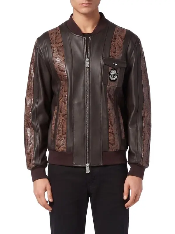 BILLIONAIRE Leather Bomber Jacket With Python Pattern - Brown