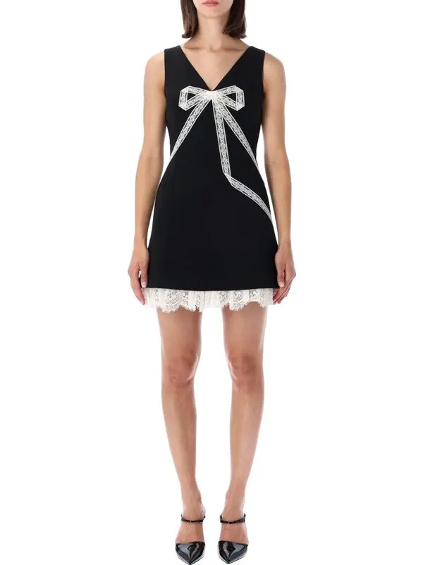 SELF-PORTRAIT Off-the-shoulder Crêpe Sheath Mini Dress With Lace Inserts - Black