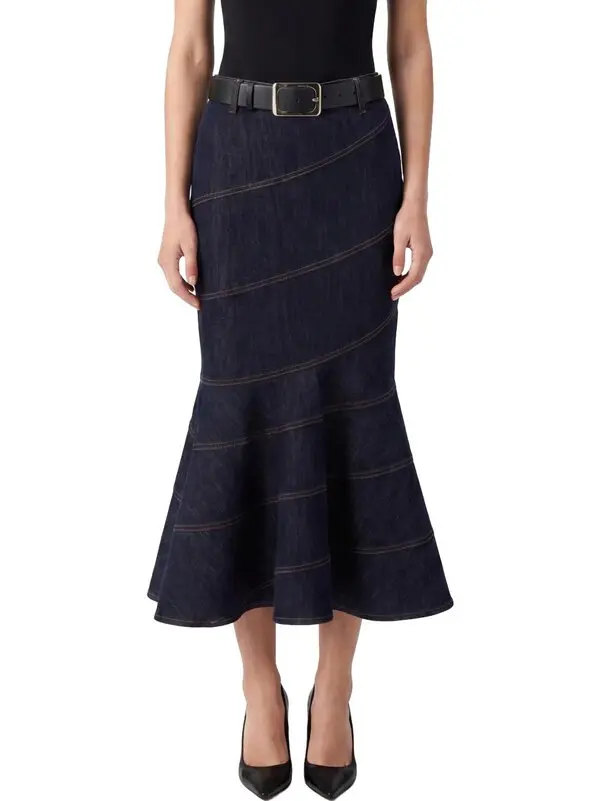 SELF-PORTRAIT Striped Denim Flared Midi Skirt - Blue