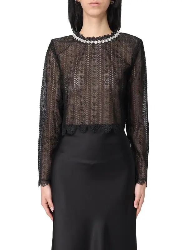 SELF-PORTRAIT Lace Embellished High Neck Top - Black