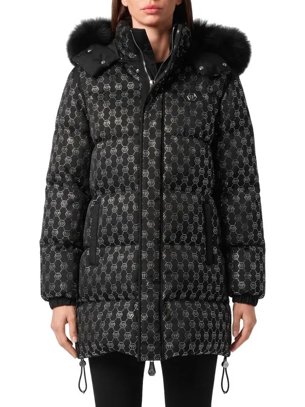 Philipp Plein Knee-length Down Coat With Logo Embellishment - Black