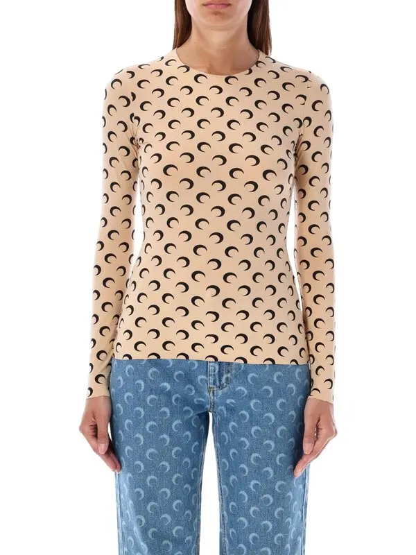 MARINE SERRE Crescent Moon Print Long Sleeve Top - Brown