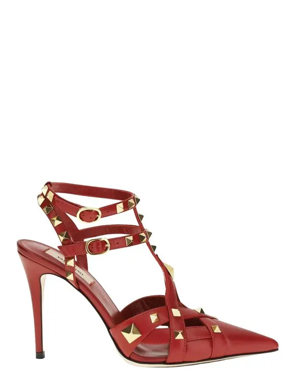 Valentino Garavani Studded Goatskin Leather T-strap Stiletto Heel Pumps - Red