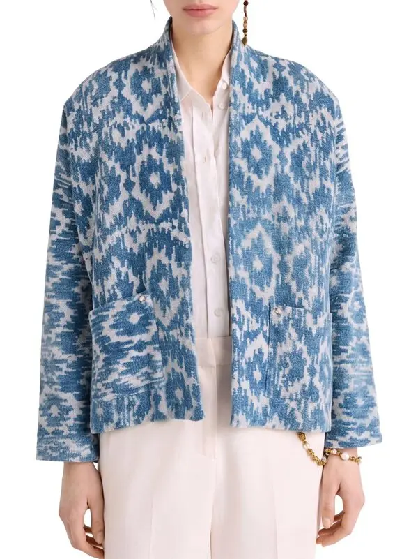 Momoni Jacquard Cotton Kimono Jacket With Fringe - Blue