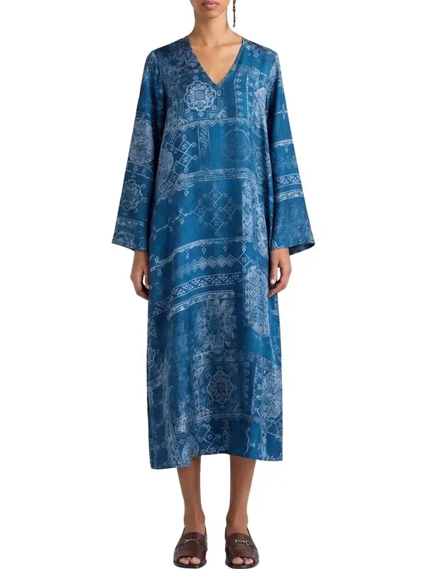 Momoni Ethnic Print Silk Midi Dress - Blue