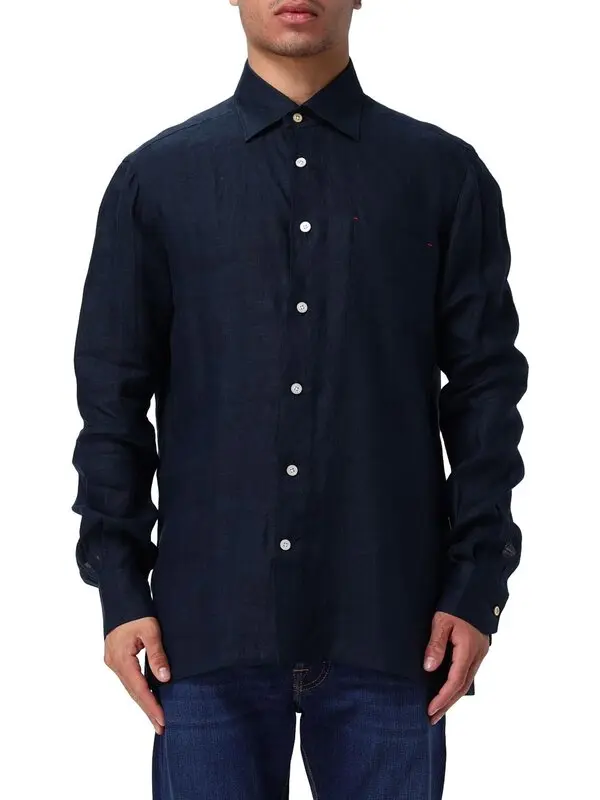 Kiton Long-sleeved Linen Shirt With Classic Pointed Collar - Navy