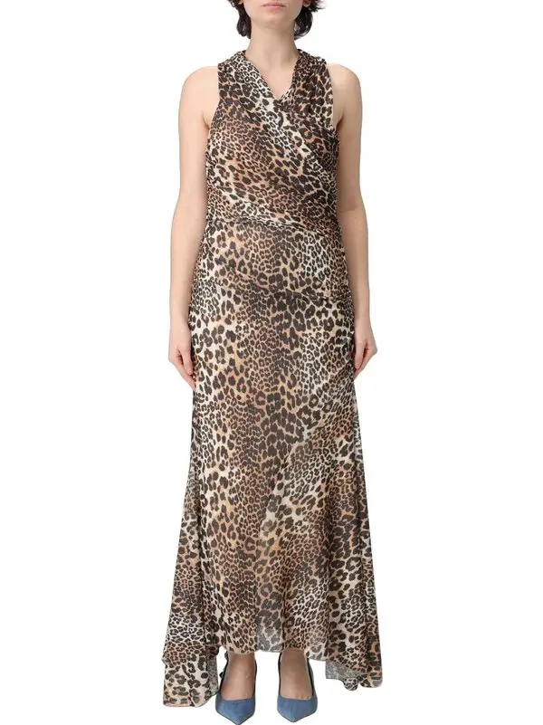 GANNI Leopard Print Maxi Dress - Beige