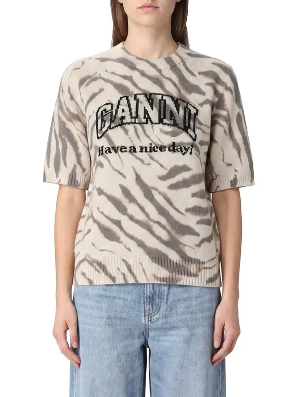 GANNI Zebra-print Wool Blend Short-sleeve Sweater - Multicolor