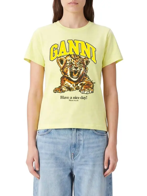 GANNI Slim Fit Cotton T-shirt With Graphic Logo Print - Green