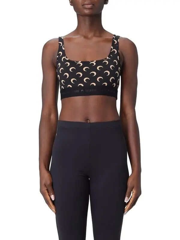 MARINE SERRE Stretch Nylon Crop Top With Logo Pattern - Black