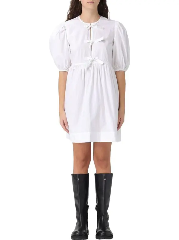 GANNI Puff Sleeve Dress With Bow Detail - White