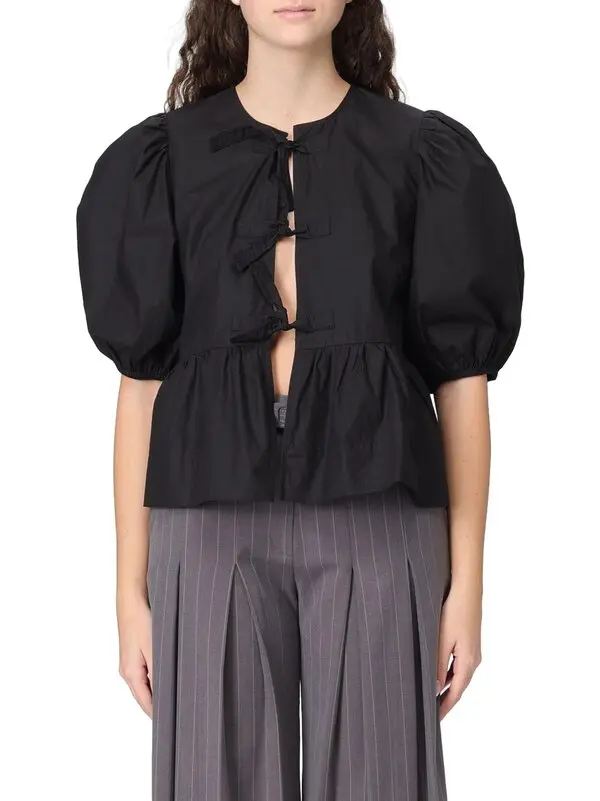 GANNI Puff Sleeve Tie Detail Peplum Top - Black
