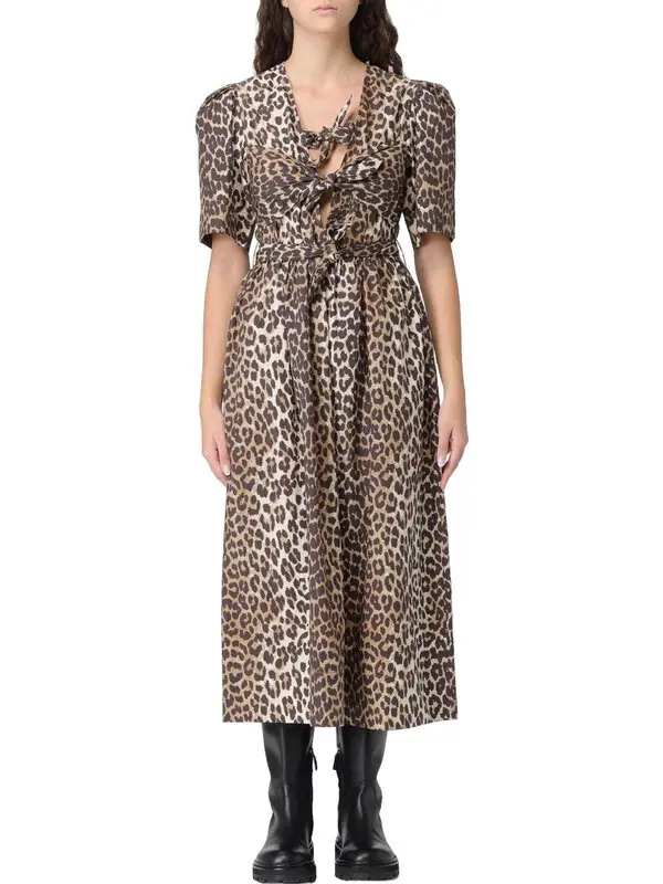 GANNI Leopard Print Midi Dress - Brown