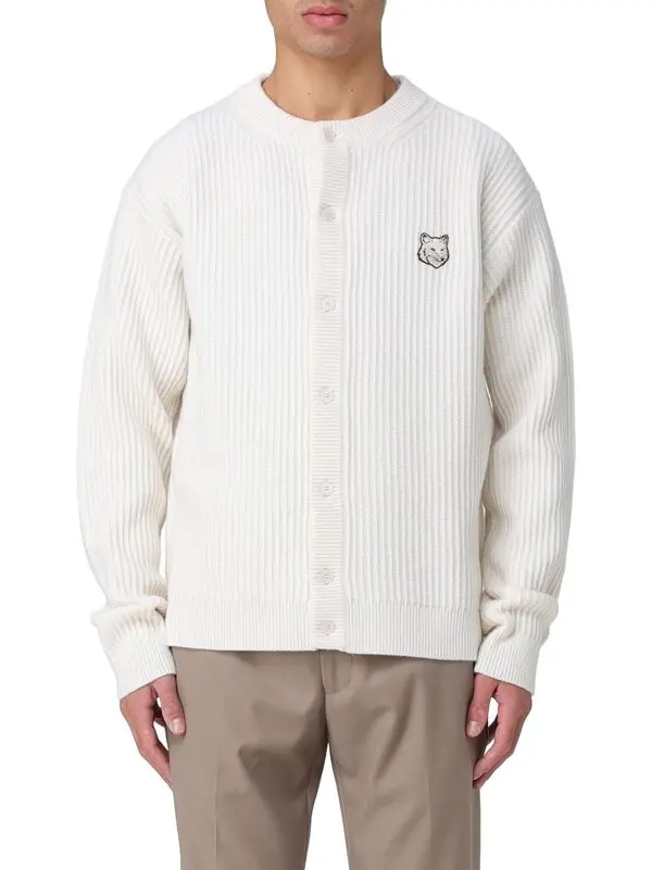 Maison Kitsuné Ribbed Cardigan With Embroidered Fox Logo - Beige