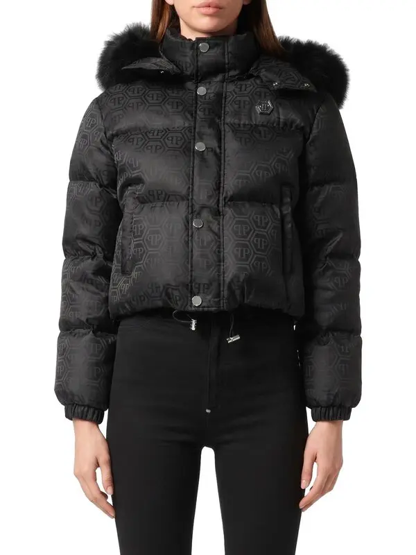 Philipp Plein Nylon Quilted Down Jacket With Monogram Pattern - Black
