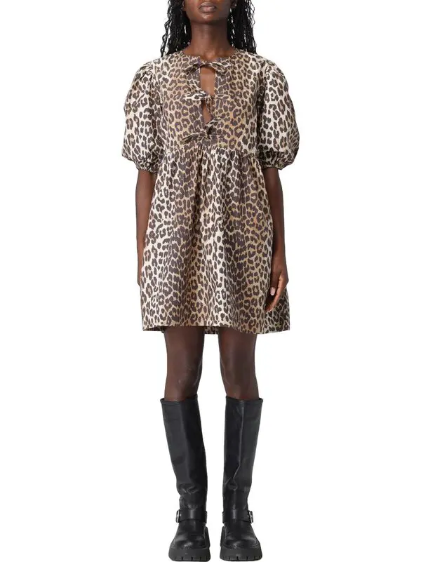 GANNI Leopard Print Puff Sleeve Dress - Brown