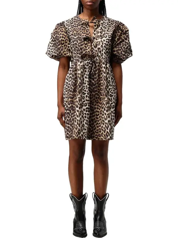 GANNI Leopard Print Puff Sleeve Dress - Multicolor