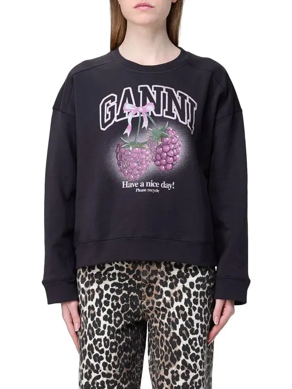 GANNI Organic Cotton Crew Neck Sweatshirt With Fruit Print - Black