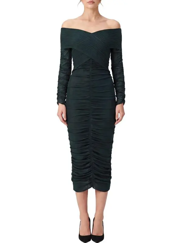 SELF-PORTRAIT Off-the-shoulder Ruched Midi Dress - Green