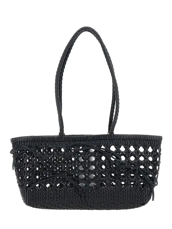 OSOI Biscuit Shoulder Bag In Recycled Leather With Woven Handle - Black