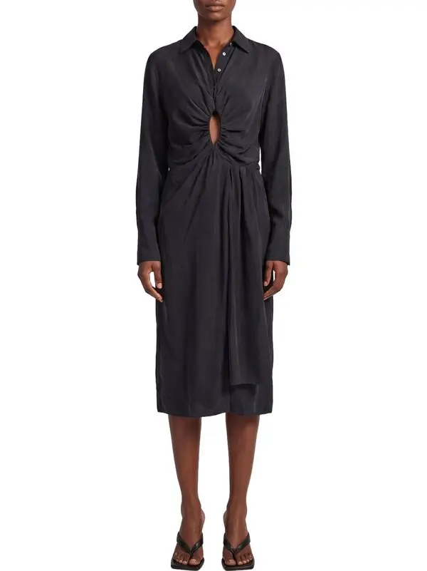 MAISON MARGIELA Midi Chemisier Dress In Cupro With Gathered Waist - Black