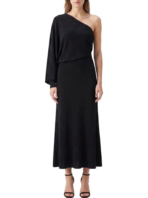 SELF-PORTRAIT One-shoulder Asymmetrical Jersey Midi Dress - Black