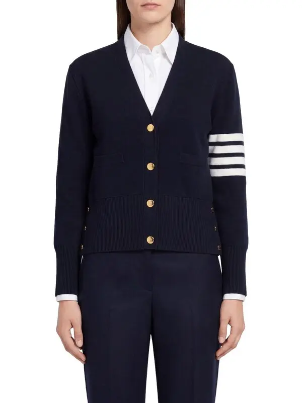 Thom Browne V-neck Wool Cardigan With 4-bar Detail - Blue