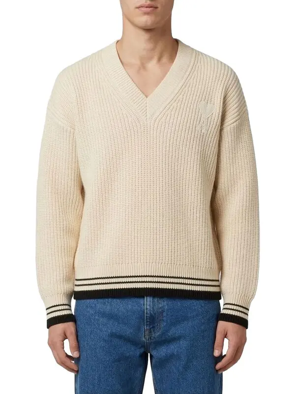 AMI Paris Wool And Cotton Blend V-neck Sweater With Contrast Trims - White