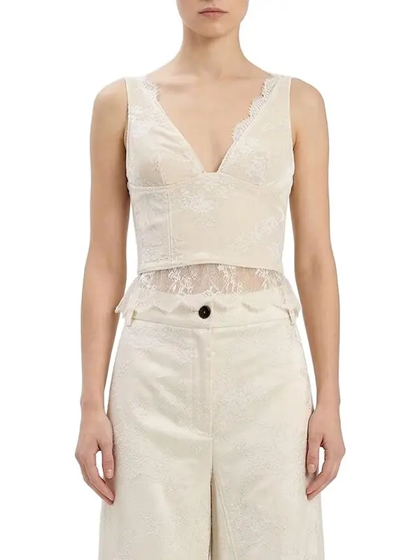 Pinko Lace Trimmed V-neck Top - Beige