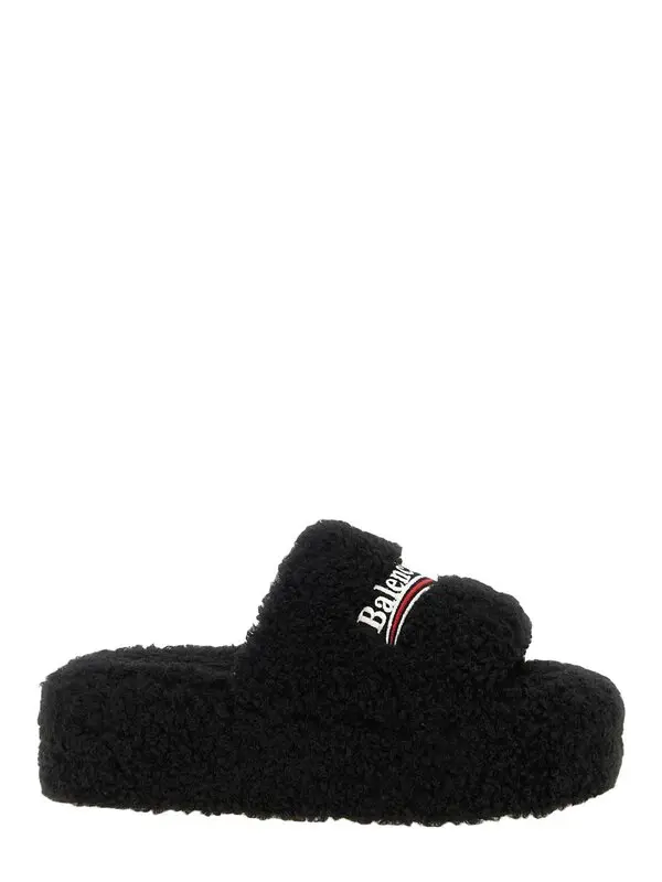 Balenciaga Shearling Trimmed Slide Sandals - Black