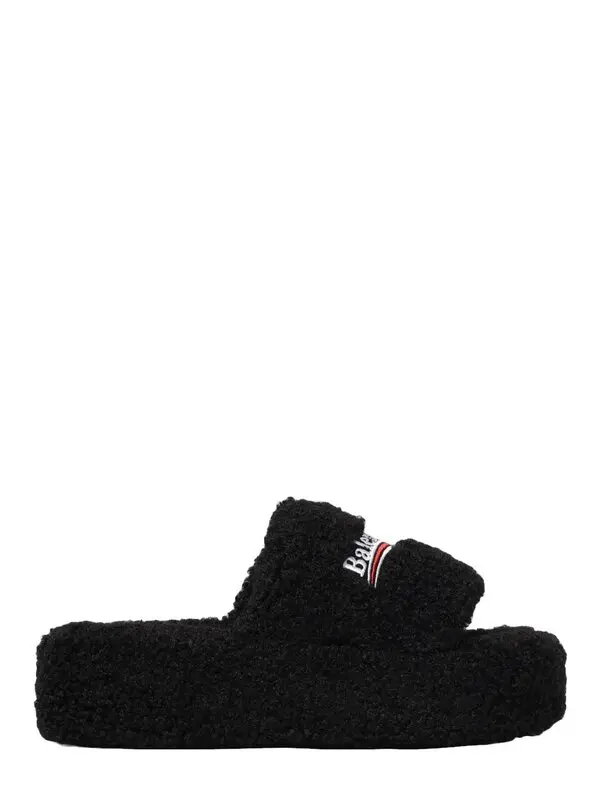 Balenciaga Shearling Wedge Slide Sandals With Embroidered Logo - Black