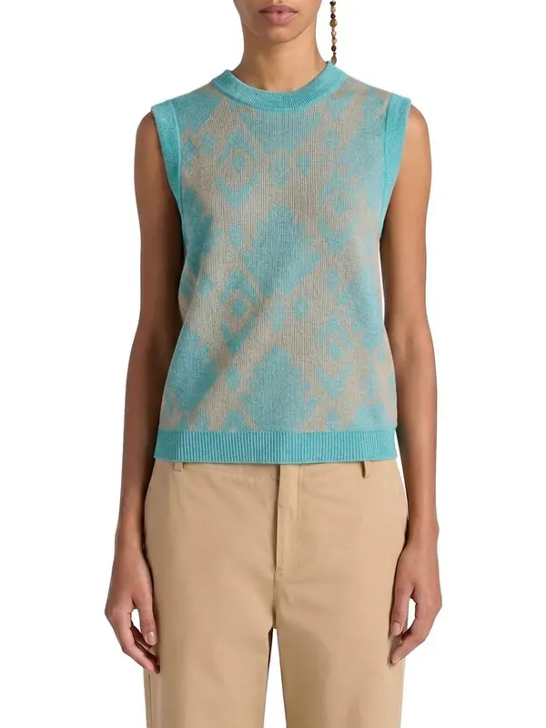 Momoni Sleeveless Crew Neck Sweater In Abstract Jacquard Viscose Blend - Water