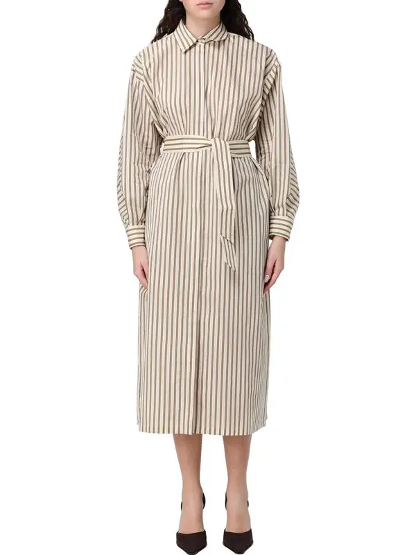 Max Mara Striped Cotton And Silk Midi Shirt Dress - Beige