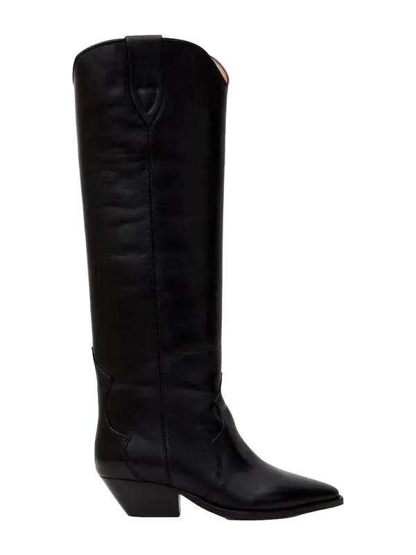 Isabel Marant Étoile Denvee Knee-high Western Boots In Smooth Calfskin Leather - Black