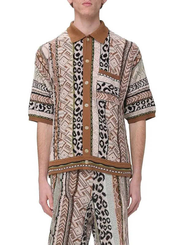 LANEUS Knitted Shirt With Patchwork Motif - Brown